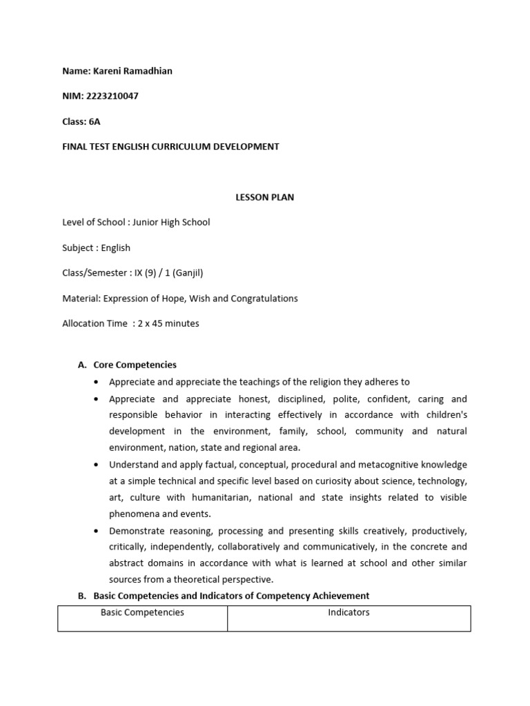 Lesson Plan Final Test Curriculum | PDF