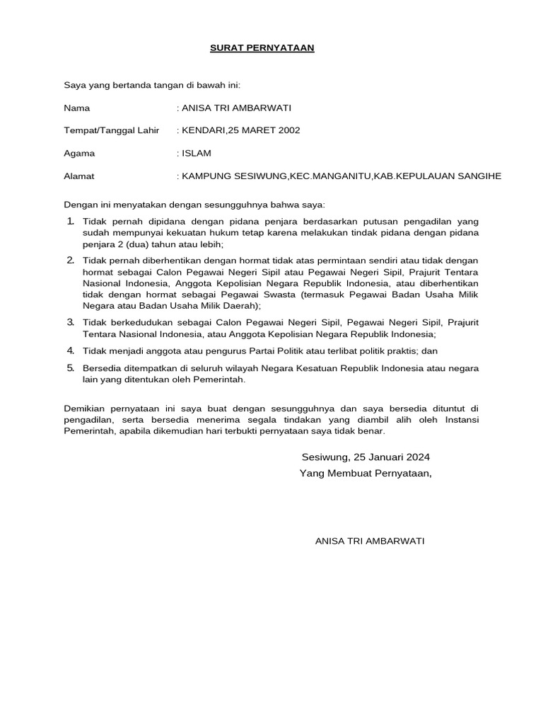 Format Surat Pernyataan DRH | PDF