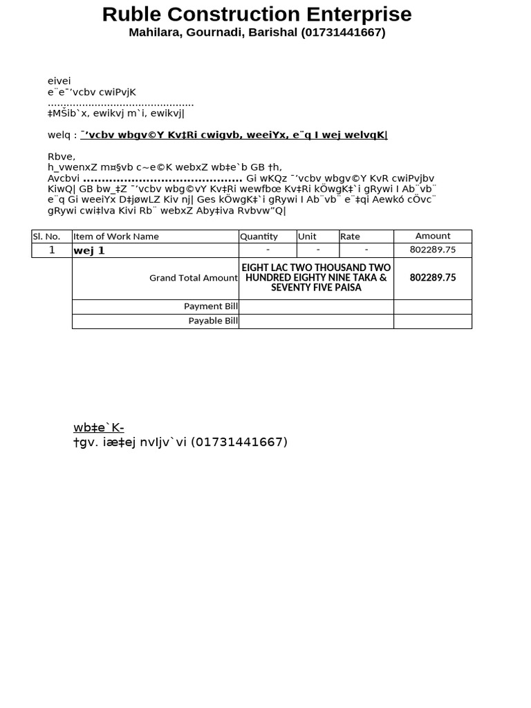 Rubel Construction Bill Document Excel File 02 | PDF