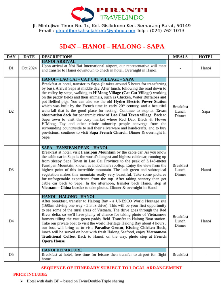 Piranti Tour_5D4N Hanoi - Halong - Sapa_Oct 2024 | PDF