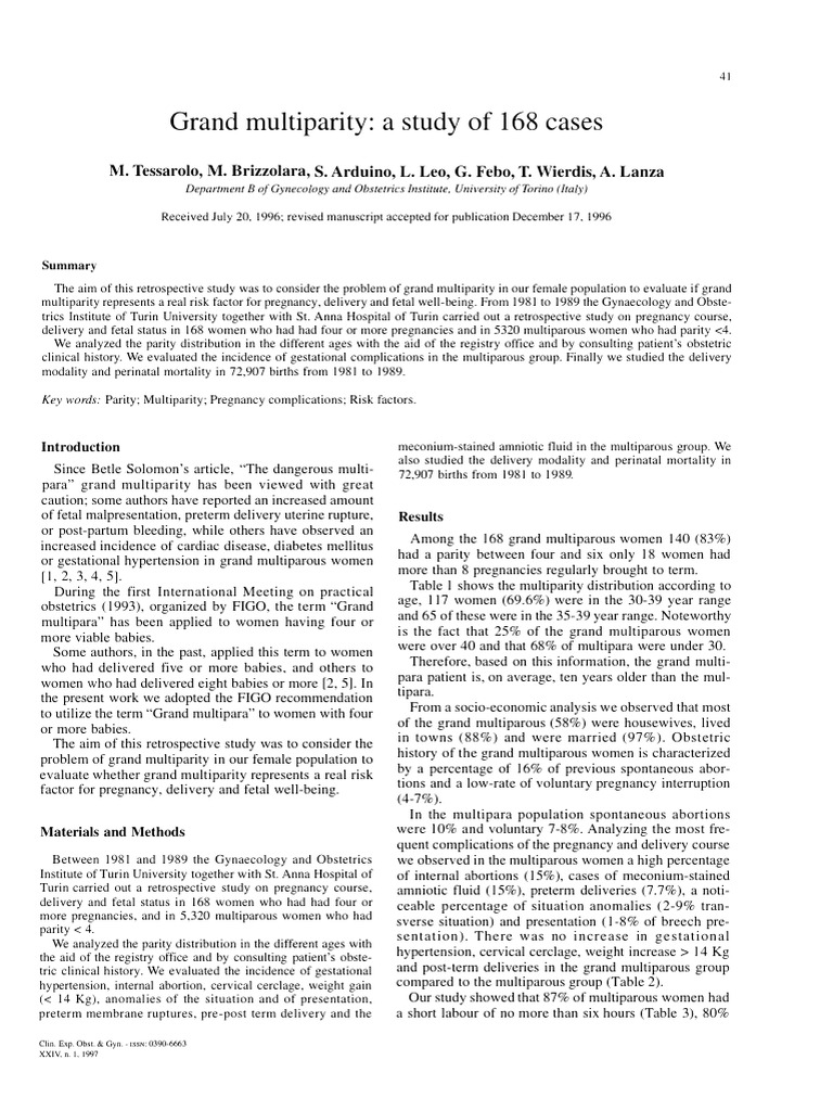 Grand Multiparity: A Study of 168 Cases: Clin. Exp. Obst. & Gyn. - ISSN ...