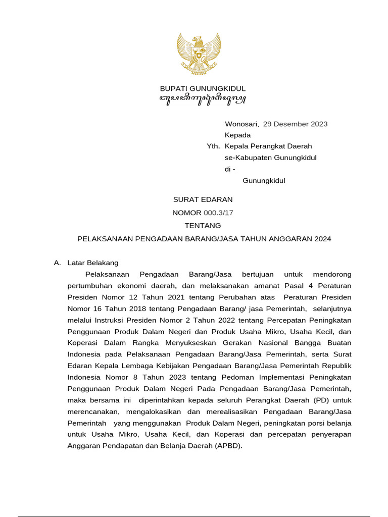 Surat Edaran Bupati Gunungkidul Tentang Pelasanaan Pbj Tahun 2024 PDF