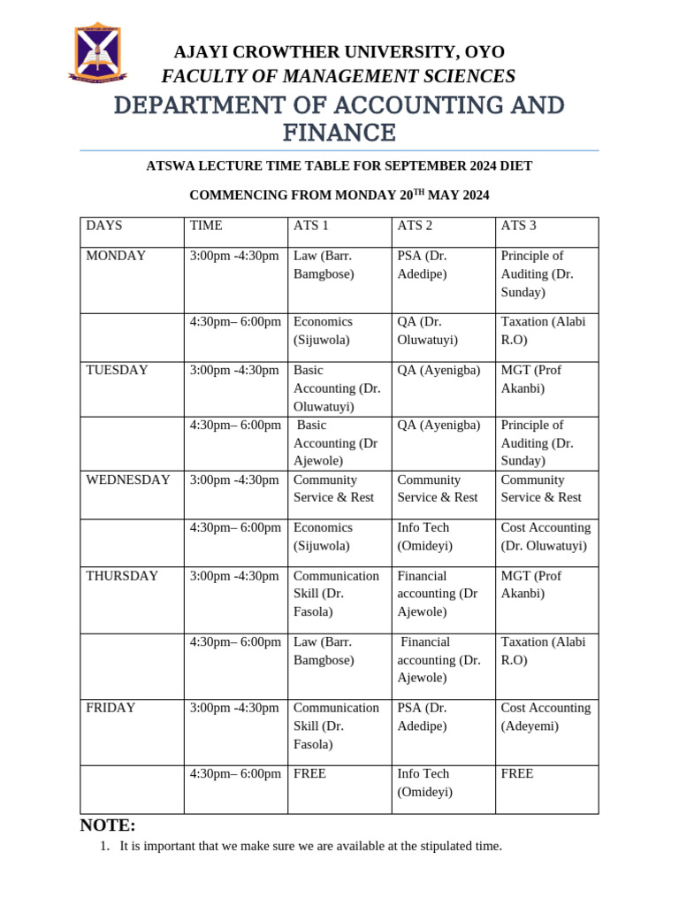 Atswa Time Table Sept 2024-1 | PDF