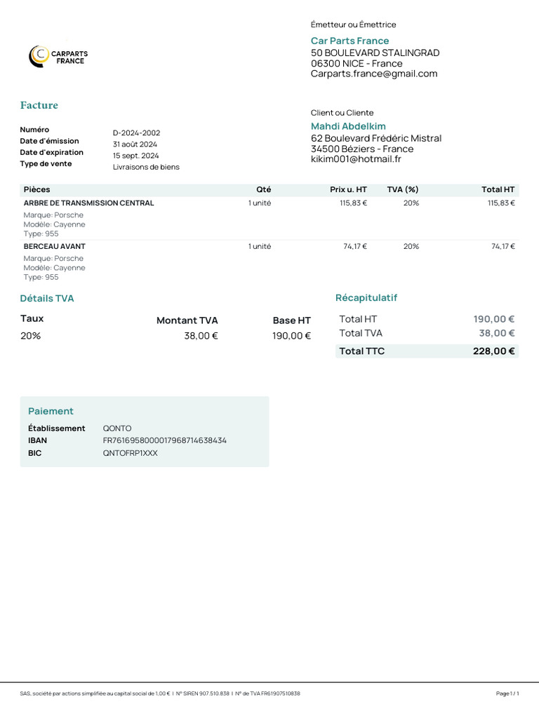 FACTURE-Mahdi Abdelkim-Car Parts France-D-2024-2002 | PDF