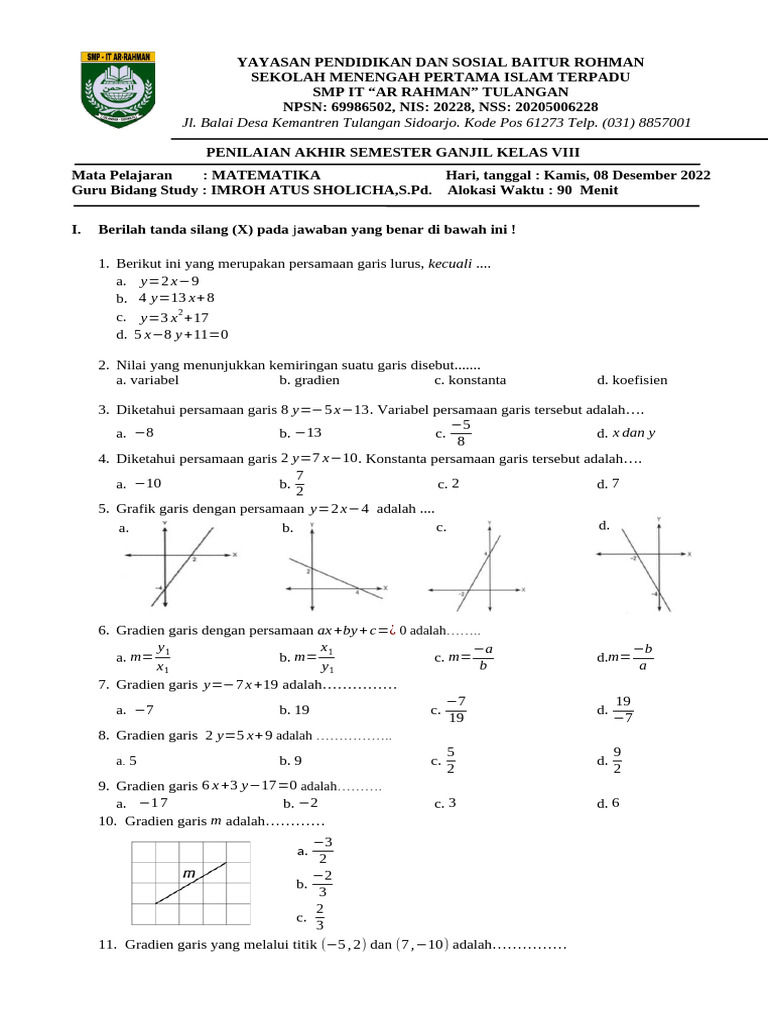 Soal MTK Pas 1 SMP KLS Viii 2022-2023 | PDF
