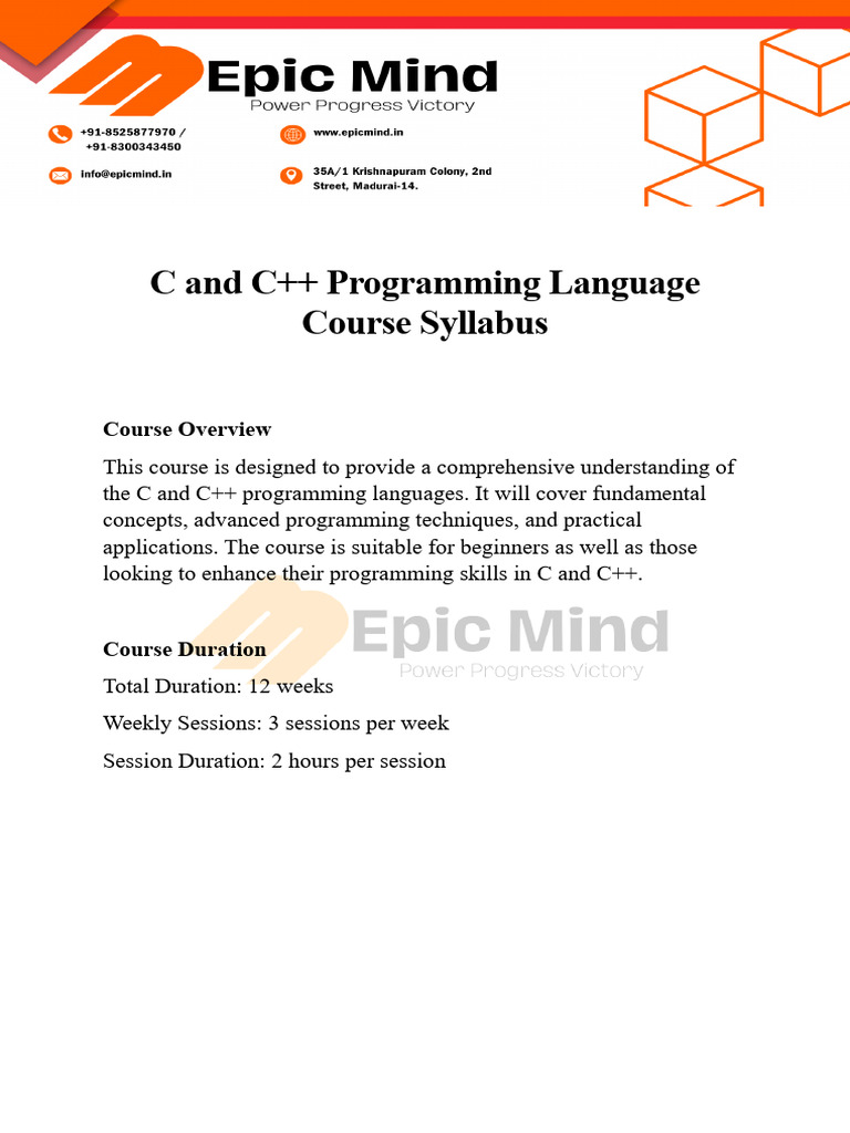 Epic Mind Madurai C and C++ Syllabus | PDF | C++ | Pointer (Computer Programming)
