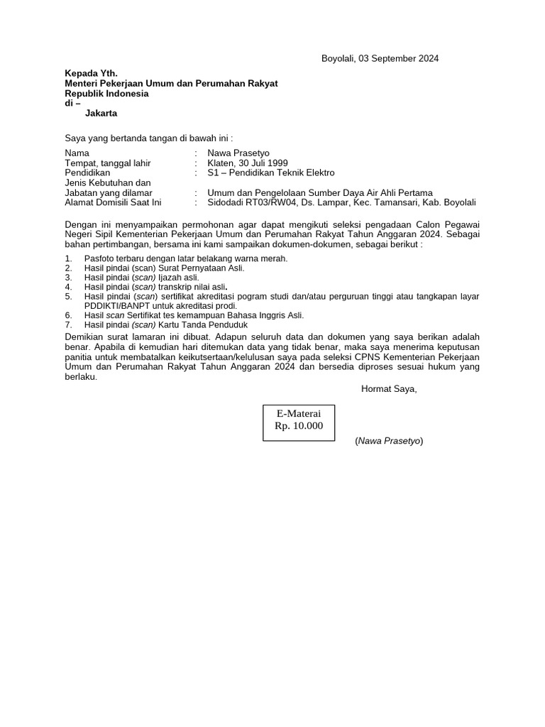 Format Surat Lamaran PUPR | PDF