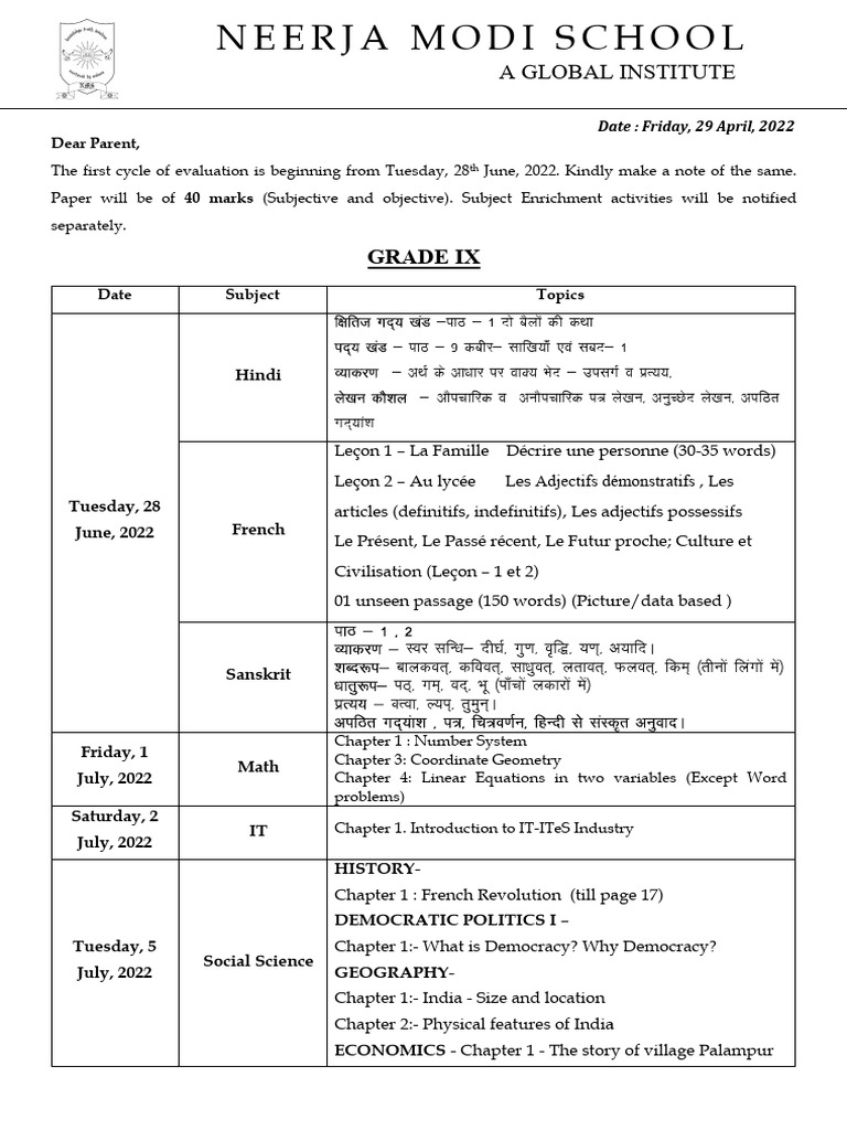 Grade-IX Syllabus & Date Sheet | PDF