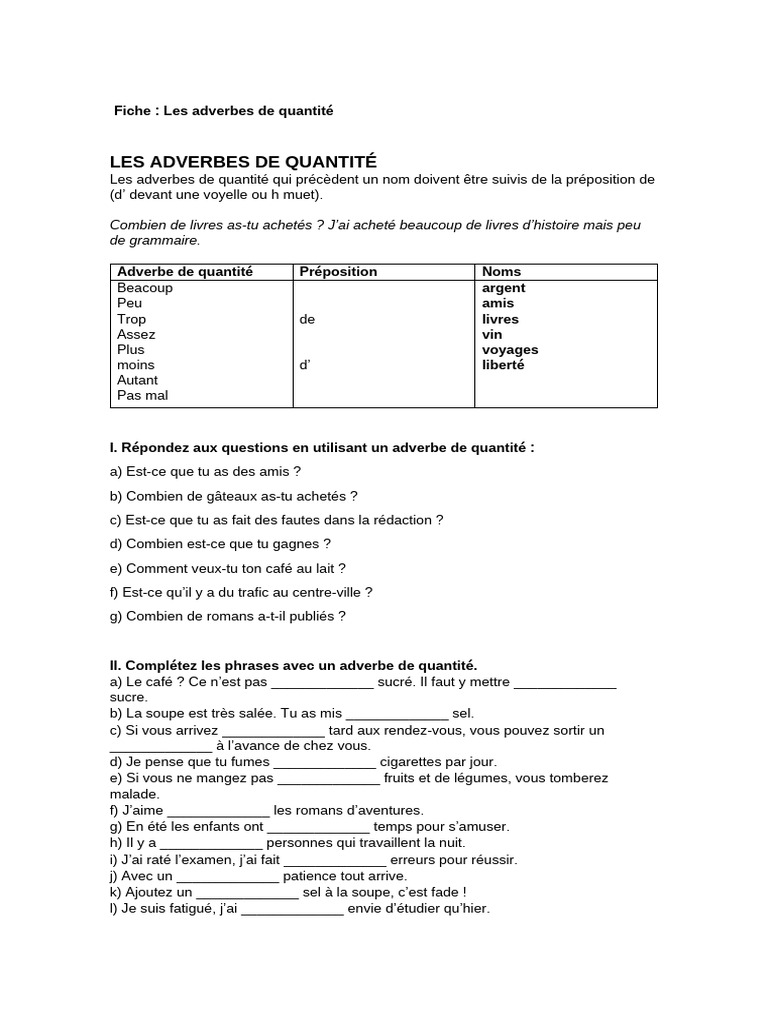 Fiche Adverbes Quantité | PDF