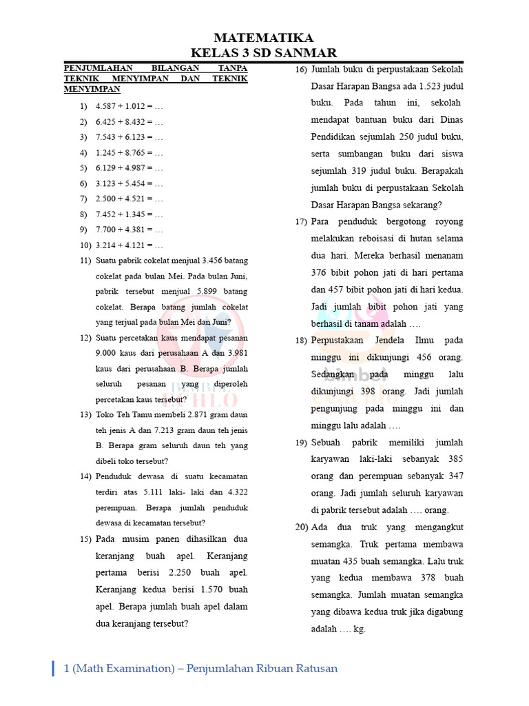 3 Sanmar - 100 Soal Matematika (Nilai Tempat, Nilai Angka, Penjumlahan ...