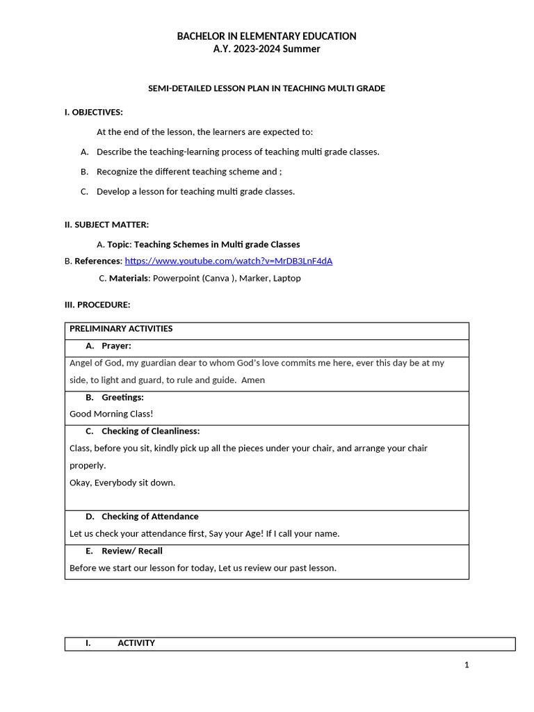 Teaching Schemes in Multi Grade Classes Lesson Plan | PDF | Teachers ...