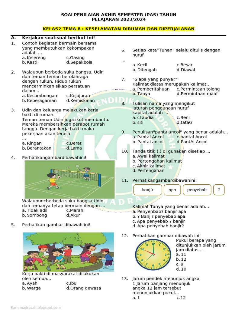 Soal Pas Kelas 2 Tema 8 - SDN 10 GM | PDF