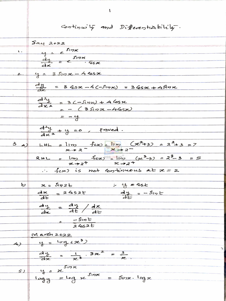 Hsslive Xii Maths CH 5 Cont Diff Solutions | PDF
