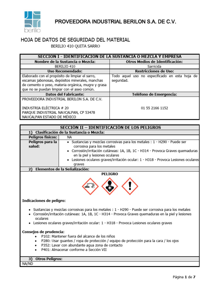 Hoja de Seguridad: Berilio 410 Sarricida | PDF | Residuos | Tecnología