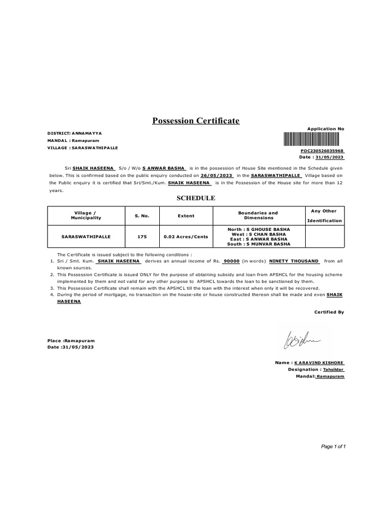 Possession Certificate - POC230526035968 | PDF