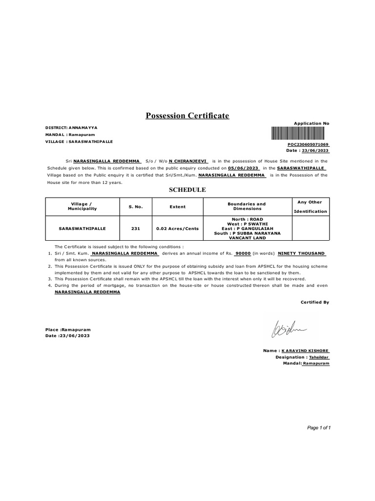 Possession Certificate - POC230605071069 | PDF