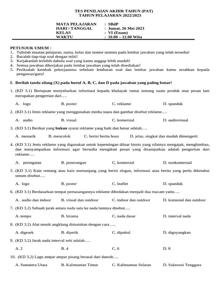 Soal Pat SBDP Kelas Vi 2023 | PDF