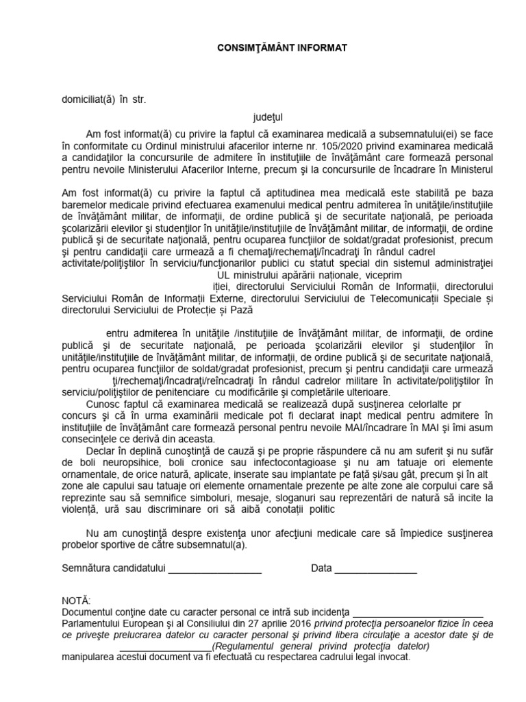 Consimtamantul Informat Examinare Medicala | PDF