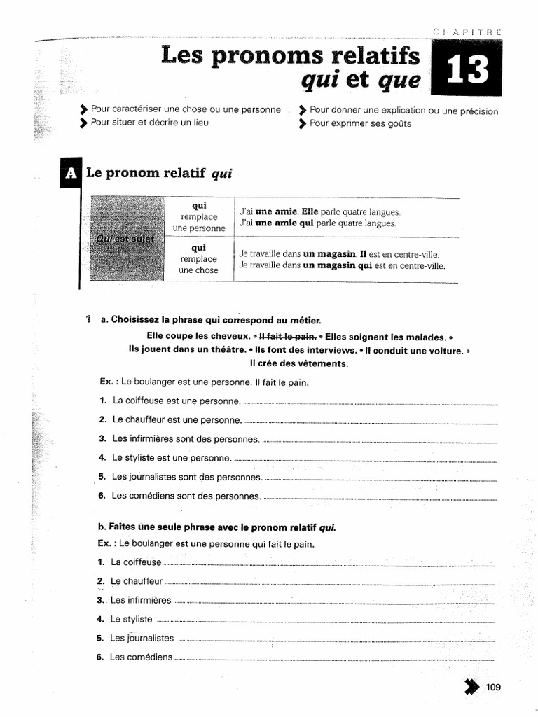 Chapitre 13_Les pronoms relatifs qui et que (pp.109-114) | PDF