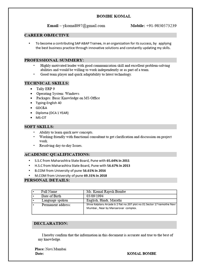 Komal Bombe Resume | PDF