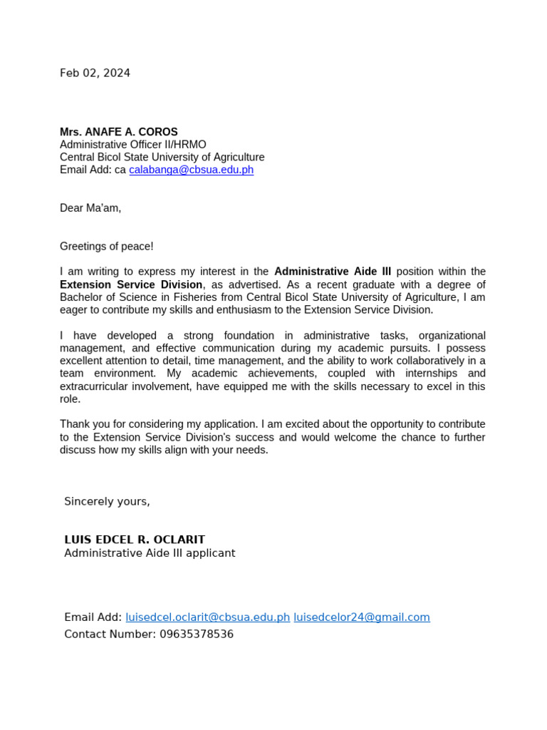 Application Letter For CBSUA | PDF