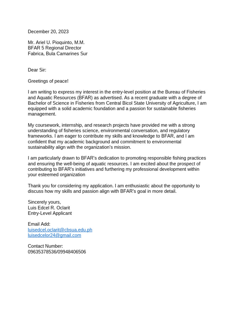 Application Letter For BFAR | PDF