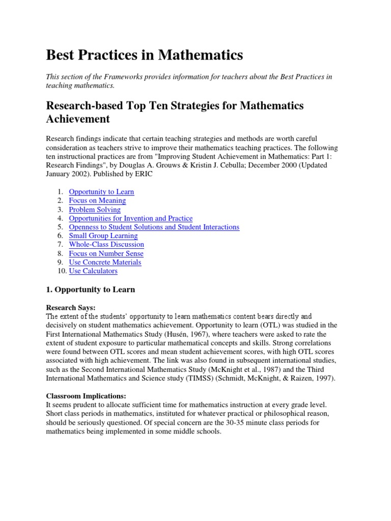 Best Practices in Mathematics | PDF | Teachers | Teaching Mathematics