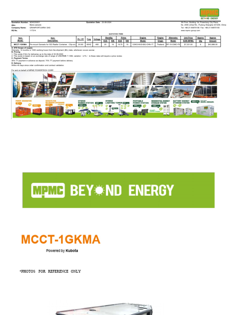 MPMC Quotation For Reefer Gensets | PDF | Engines | Technology & Engineering