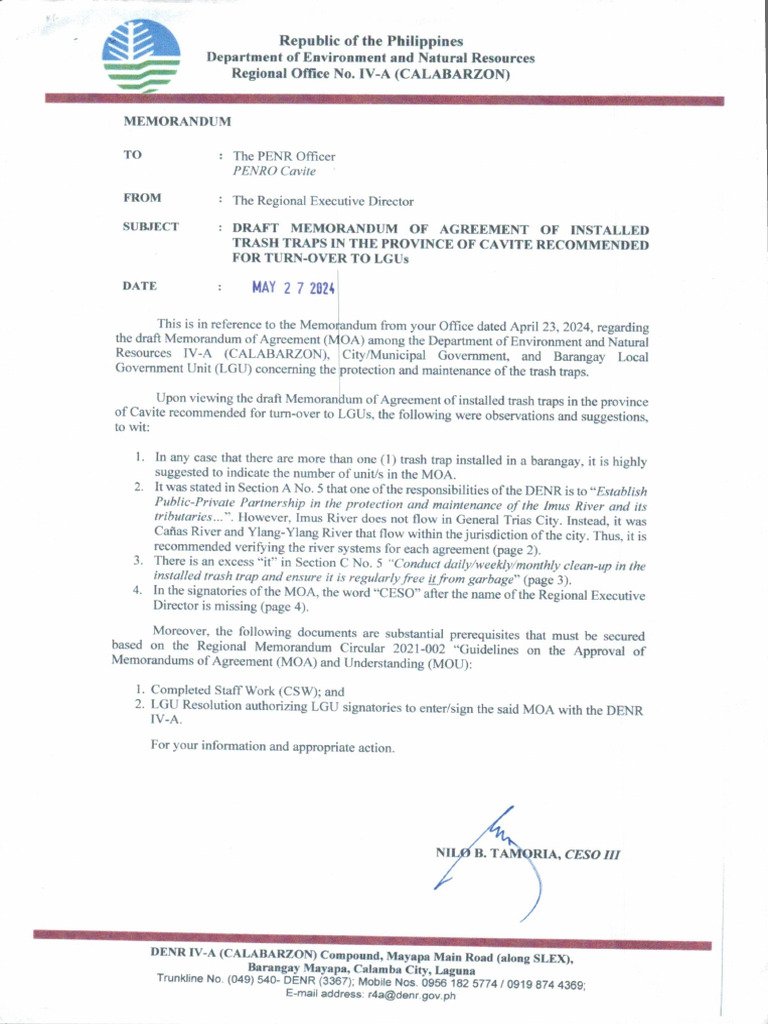 Memorandum - Installed Trash Traps in Cavite | PDF