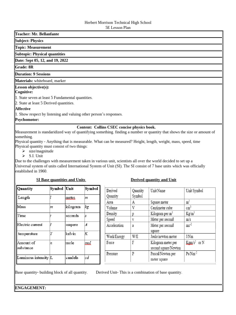 1st lesson Plan - Intro & Measurement. | PDF