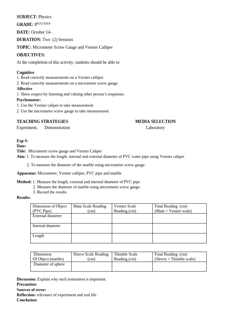 3rd Lesson Plan - Lab Micrometer and Vernier | PDF