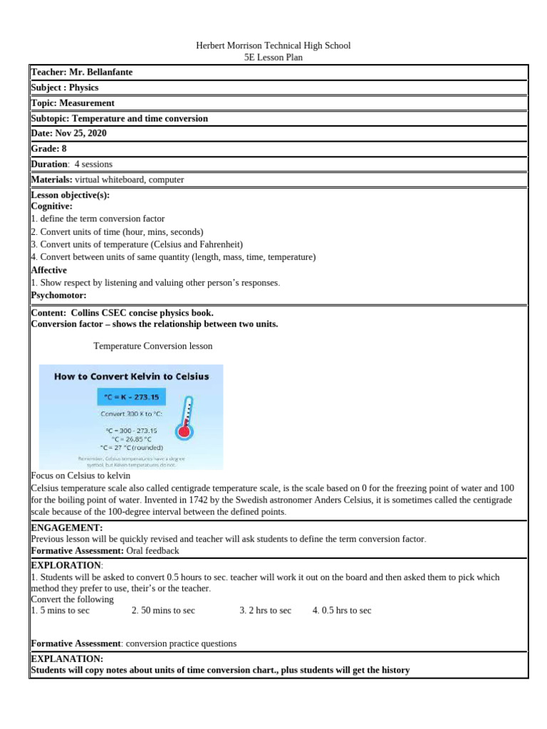 5th Lesson Plan - Temperature and Time Conversion | PDF | Celsius ...