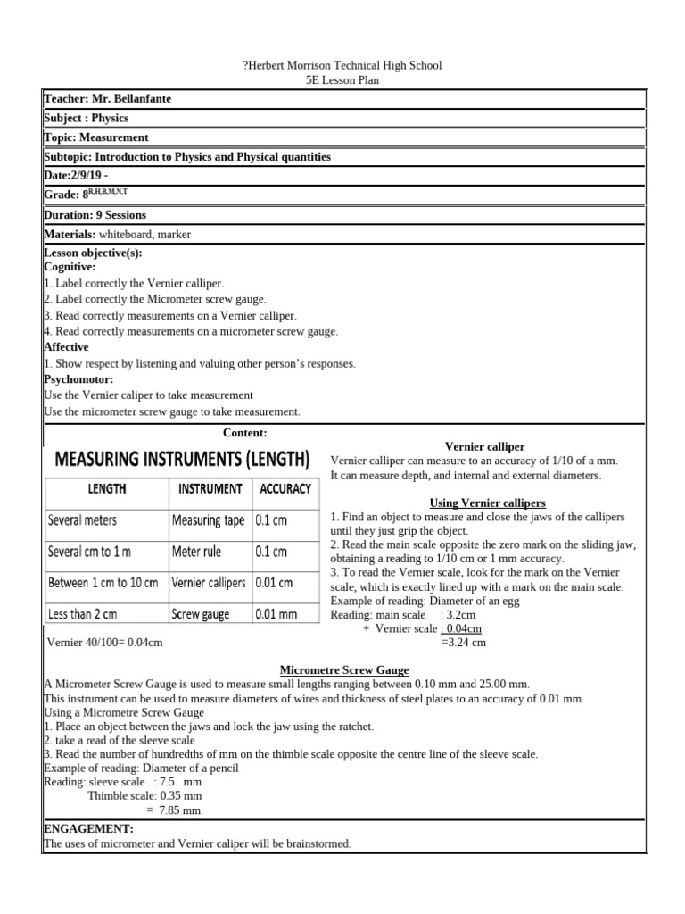2nd Lesson Plan - Reading Micrometer and Venier Calliper | PDF | Length | Home & Garden