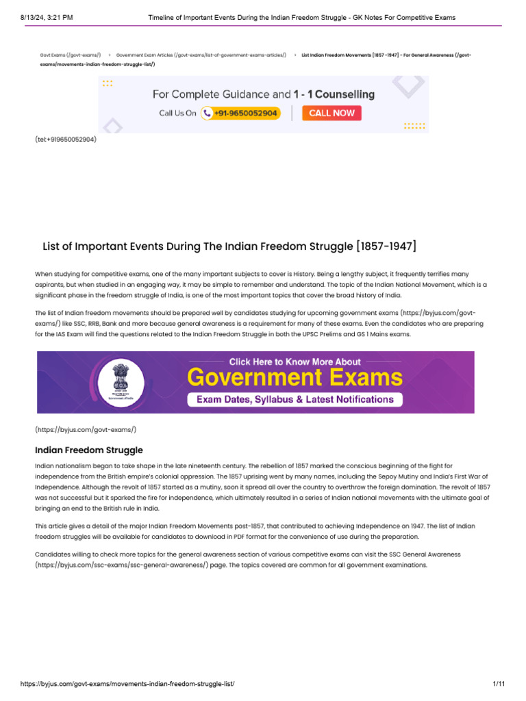 Timeline of Important Events During The Indian Freedom Struggle - GK ...