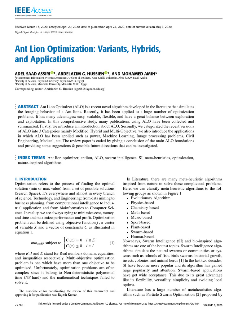 Ant Lion Optimization Variants Hybrids and Applications | PDF