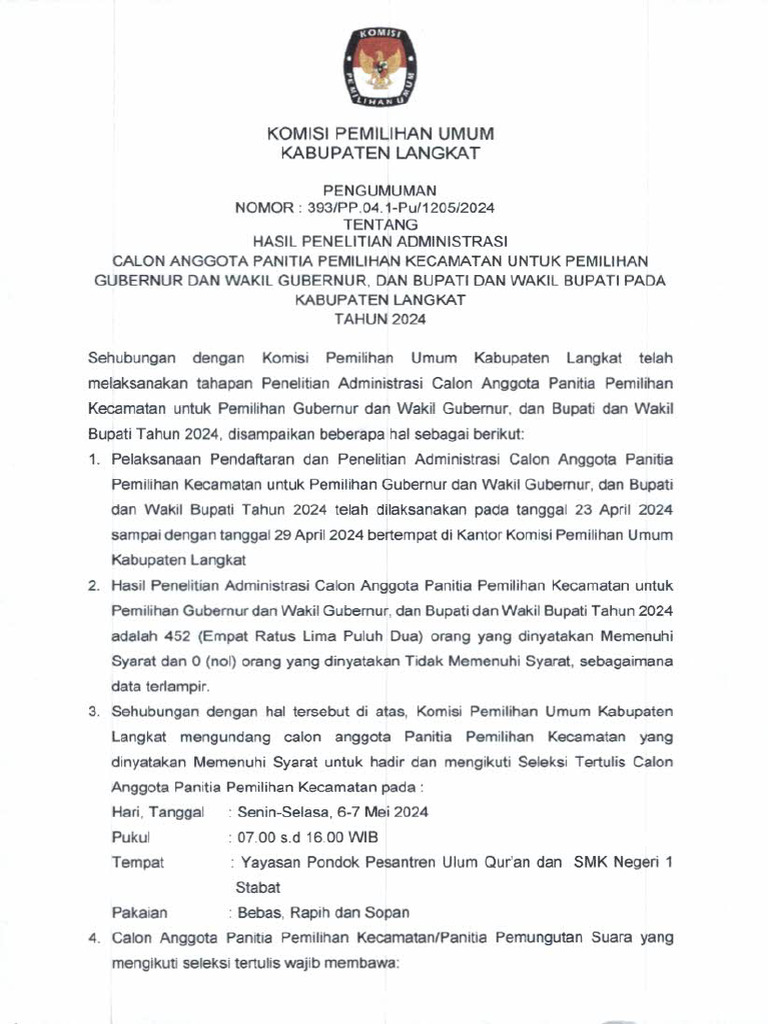393 - Pengumuman Hasil Seleksi Administrasi PPK Pada PILKADA Tahun 2024 ...