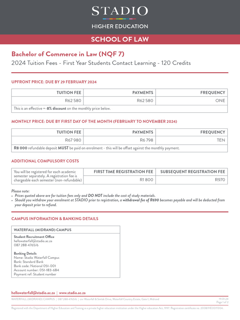 Stadio Sol CL Bcom in Law Fees 2024 | PDF