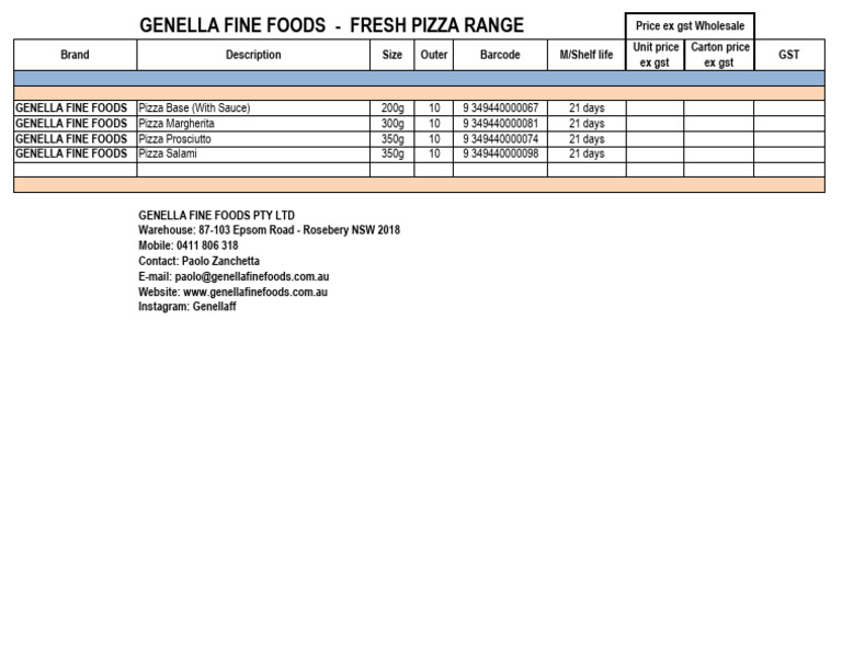 Genella Fine Foods Pizzas Product List | PDF