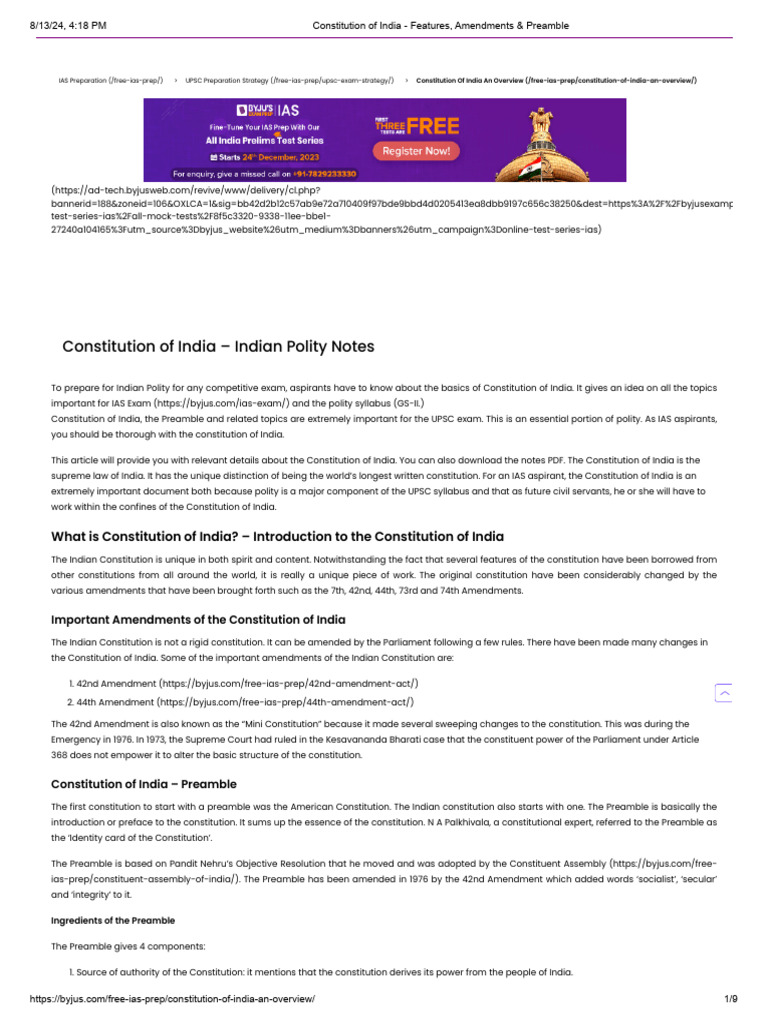 Constitution of India - Features, Amendments & Preamble | PDF