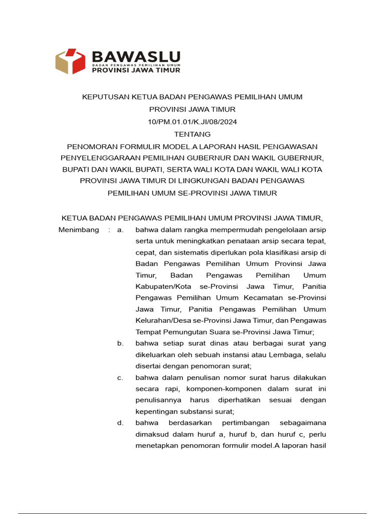 20240828190435kep. Bawaslu Jatim - Penomoran Form A | PDF