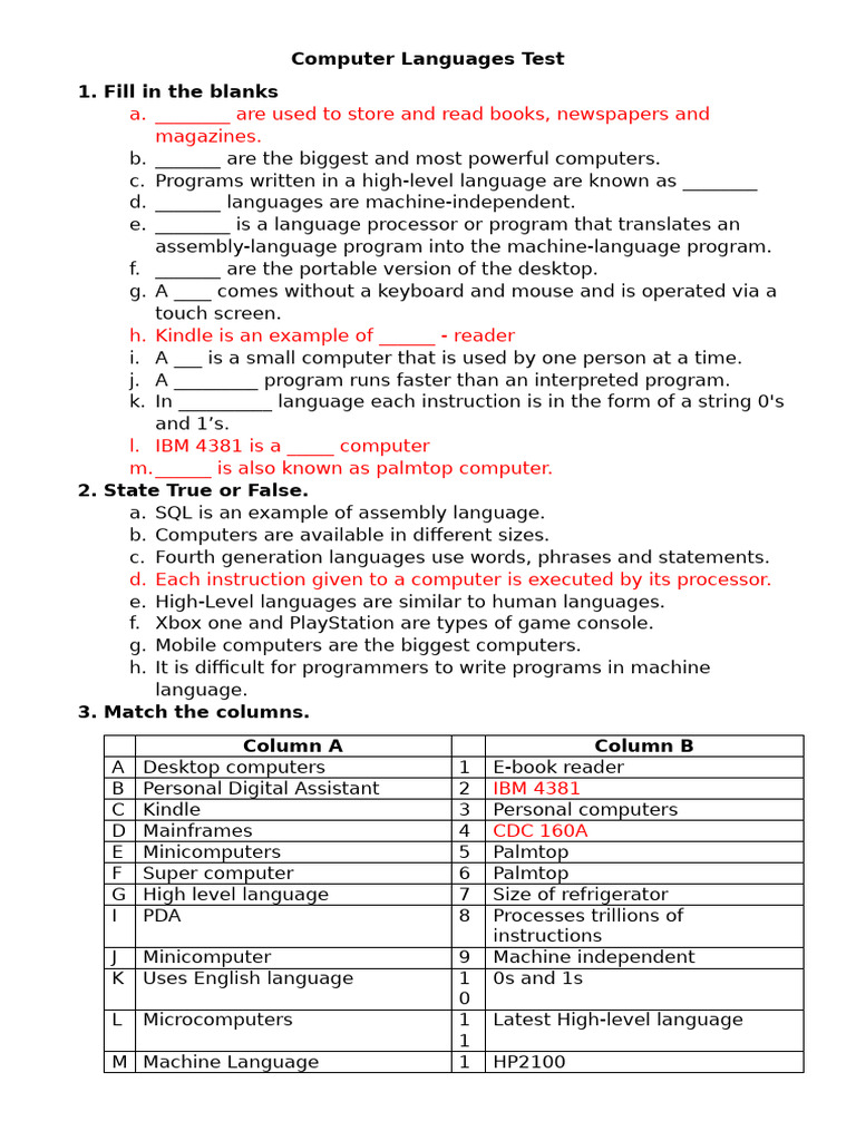 Computer languages Test | PDF