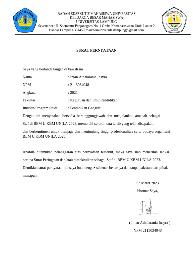 Surat Pernyataan Staff Bem U KBM U 2023 | PDF