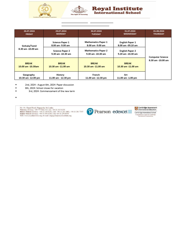 Grade 7 Test Timetable July 2024 | PDF