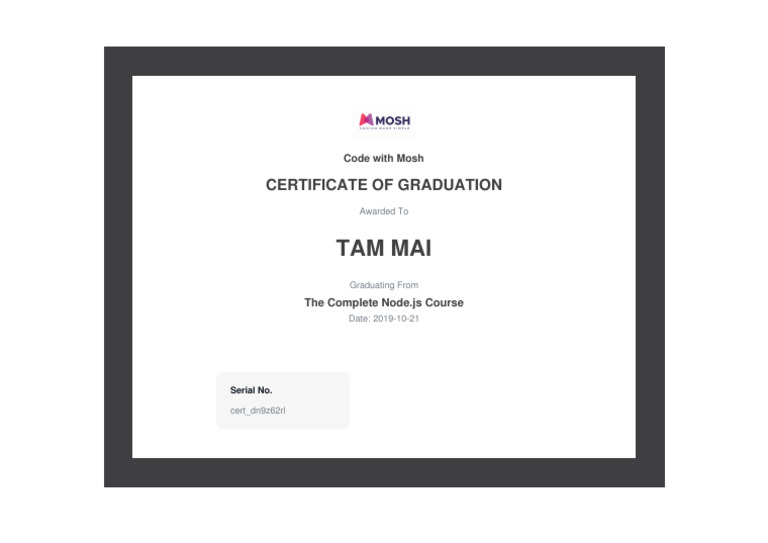 Certificate of Completion For The Complete Node Js Course | PDF