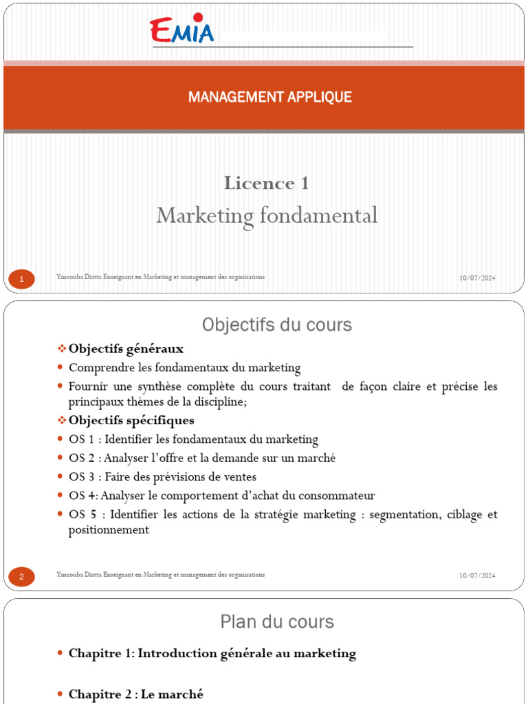 Support Cours Marketing Fondamental - Chapitre 1&2 - L1 EMIA | PDF
