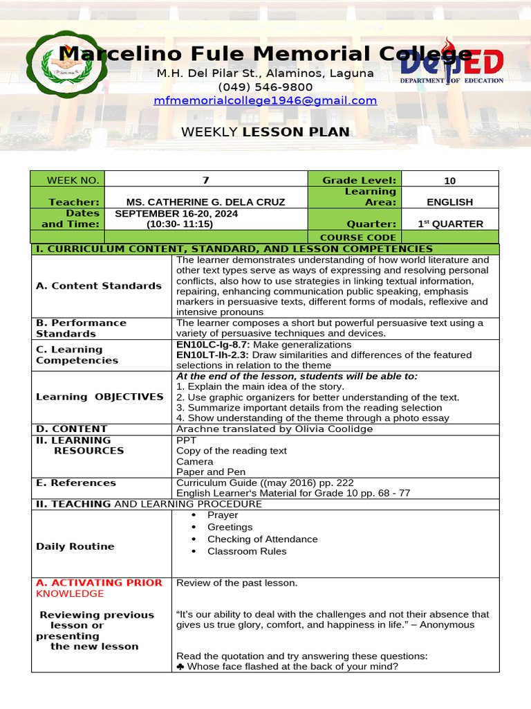 Week 7 Learning Plan English 10 | PDF