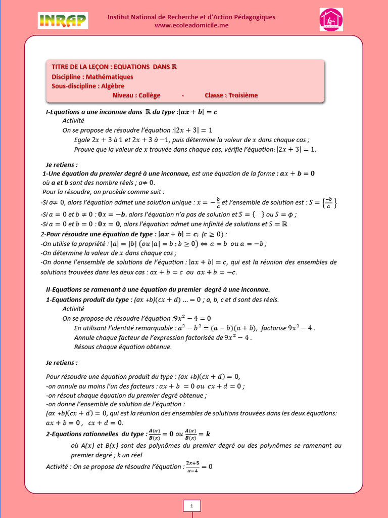 Maths 3e EQUATIONS DANS IR | PDF | Mathematics