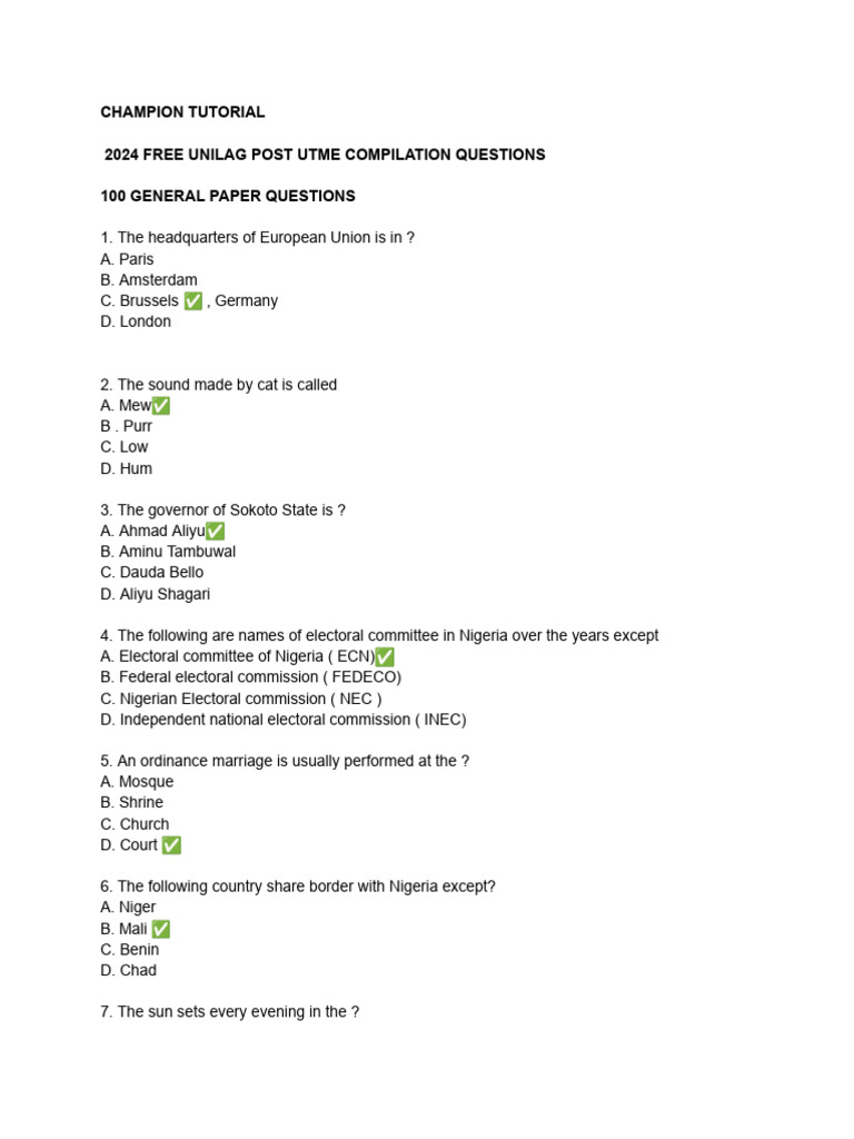 FREE UNILAG GENERAL PAPER COMPILATION QUESTIONS | PDF