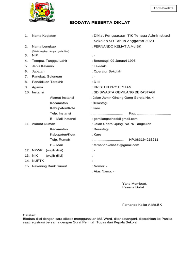 Biodata Peserta Diklat Penguasaan TIK 2022 | PDF
