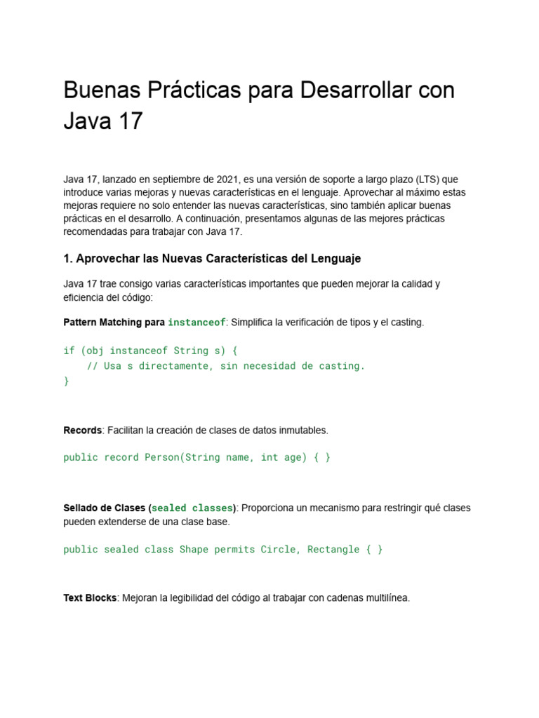 Buenas Prácticas para Desarrollar Con Java 17 | PDF